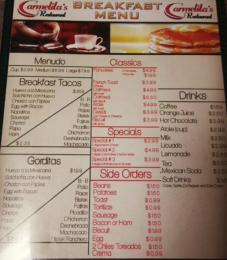 Menu at Carmelita's Restaurant, San Juan