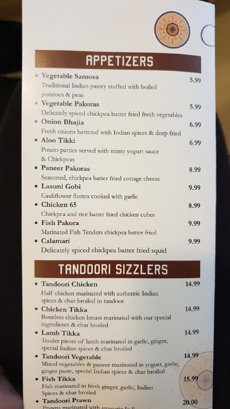 Menu at Chakra Indian Restaurant, Burnaby