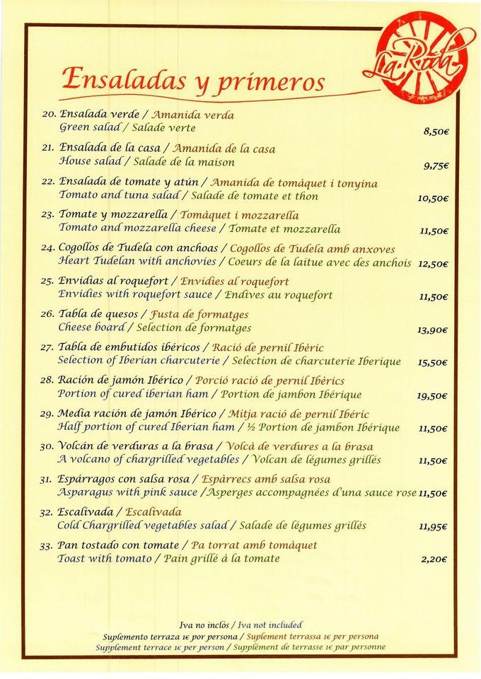 Menu at La Roda restaurant, Barcelona