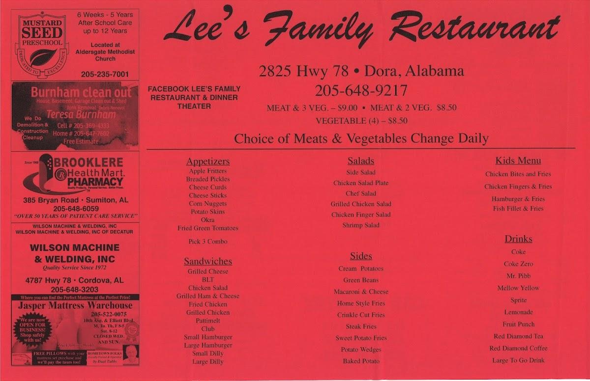 Menu at Lee's Family Restaurant and Dinner Theater, Dora, Hwy 78 E