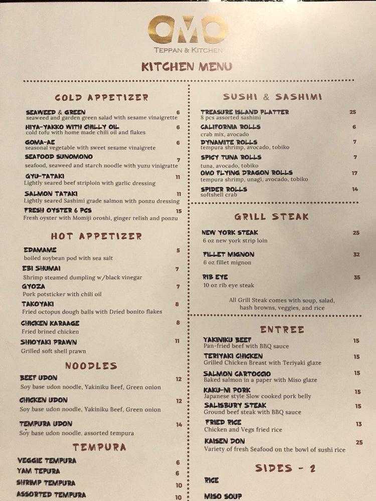 Menu at OMO Teppan and Kitchen restaurant, Calgary, Macleod Trail SW