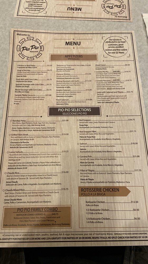 Menu at Pio Pio Restaurant, Orlando, Precision Dr