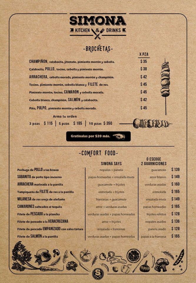 Carta del pub y bar Simona Kitchen & Drinks, Mexico