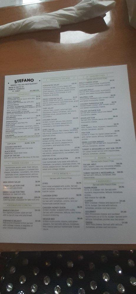 Menu at Stefano Greek Italian Restaurant, Temple Terrace, N 56th St