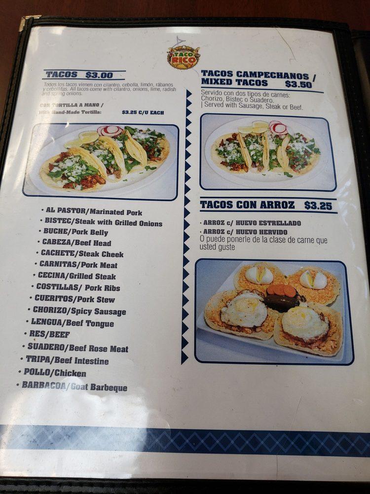 Menu at Taco Rico restaurant, Hyattsville