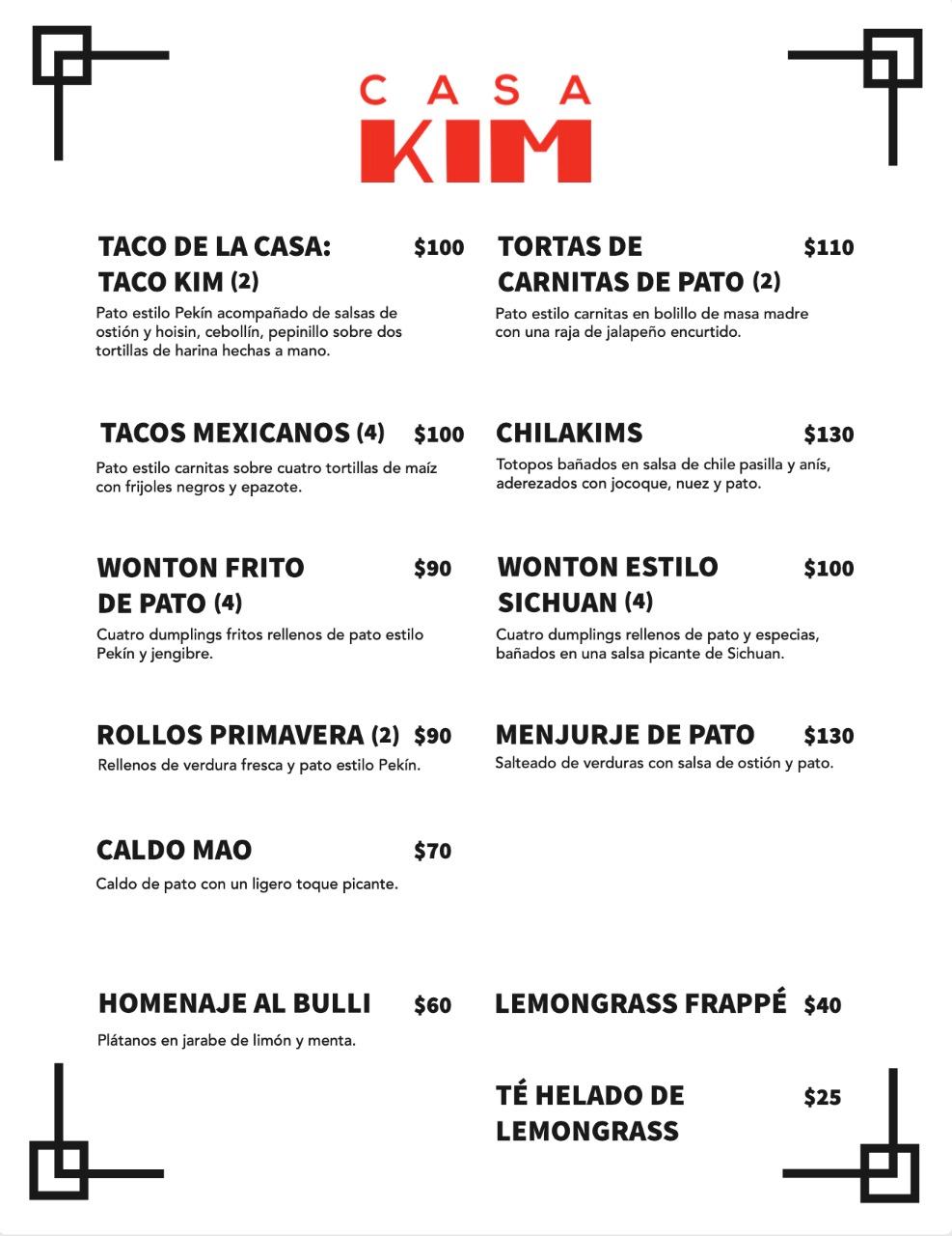 Carta del restaurante Casa Kim, Naucalpan del Juárez