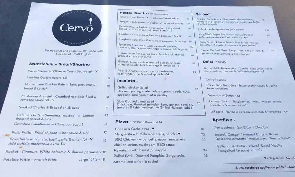 Menu at Cervo cafe, Southbank, Crown Riverwalk