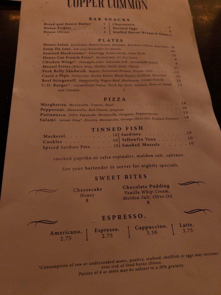 Carta del pub y bar Copper Common, Salt Lake City
