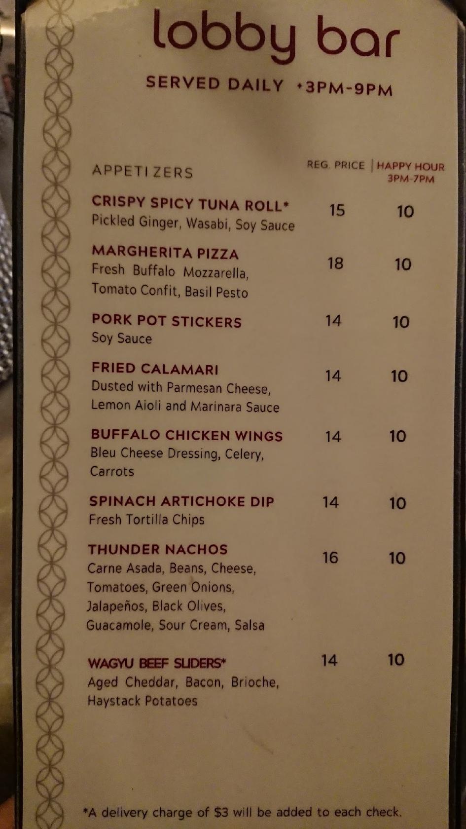 Menu at Lobby Bar, Lincoln