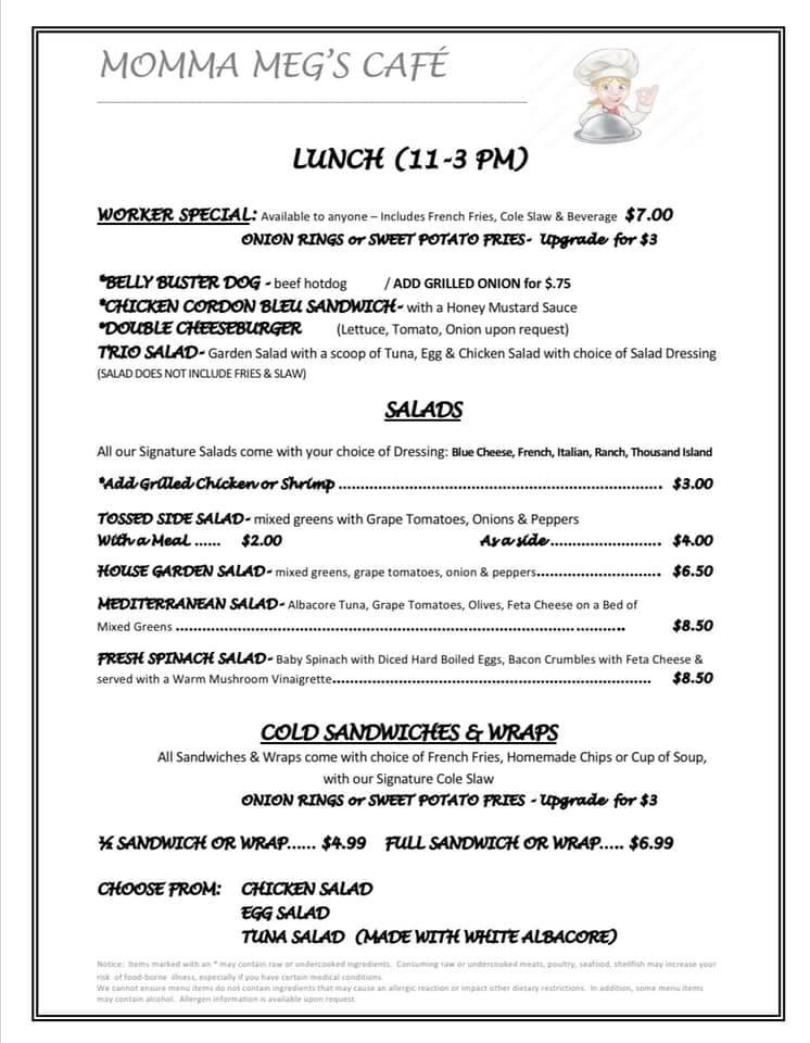 Menu at Momma Meg's Cafe, Micco