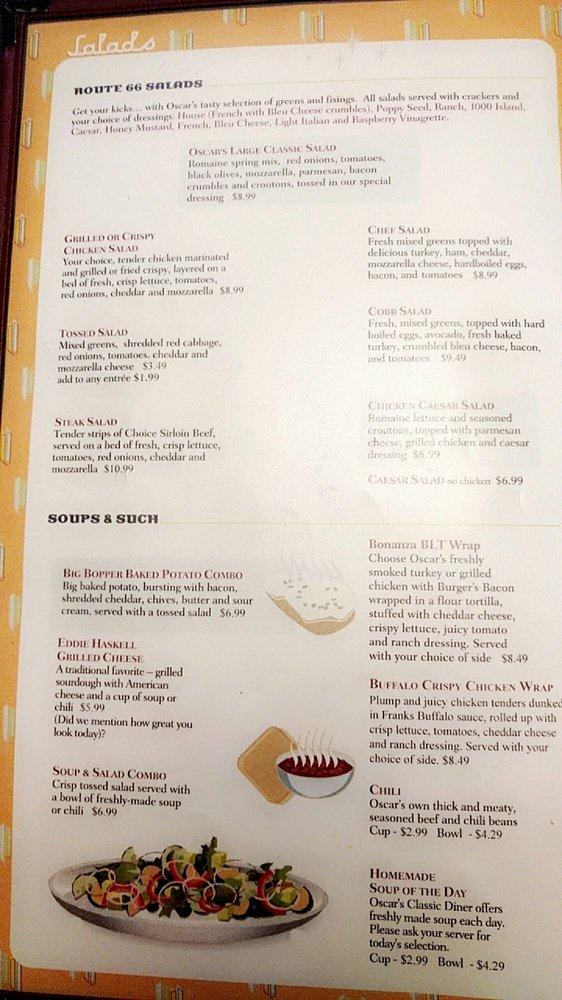 Menu at Oscar's Classic Diner steakhouse, Jefferson City