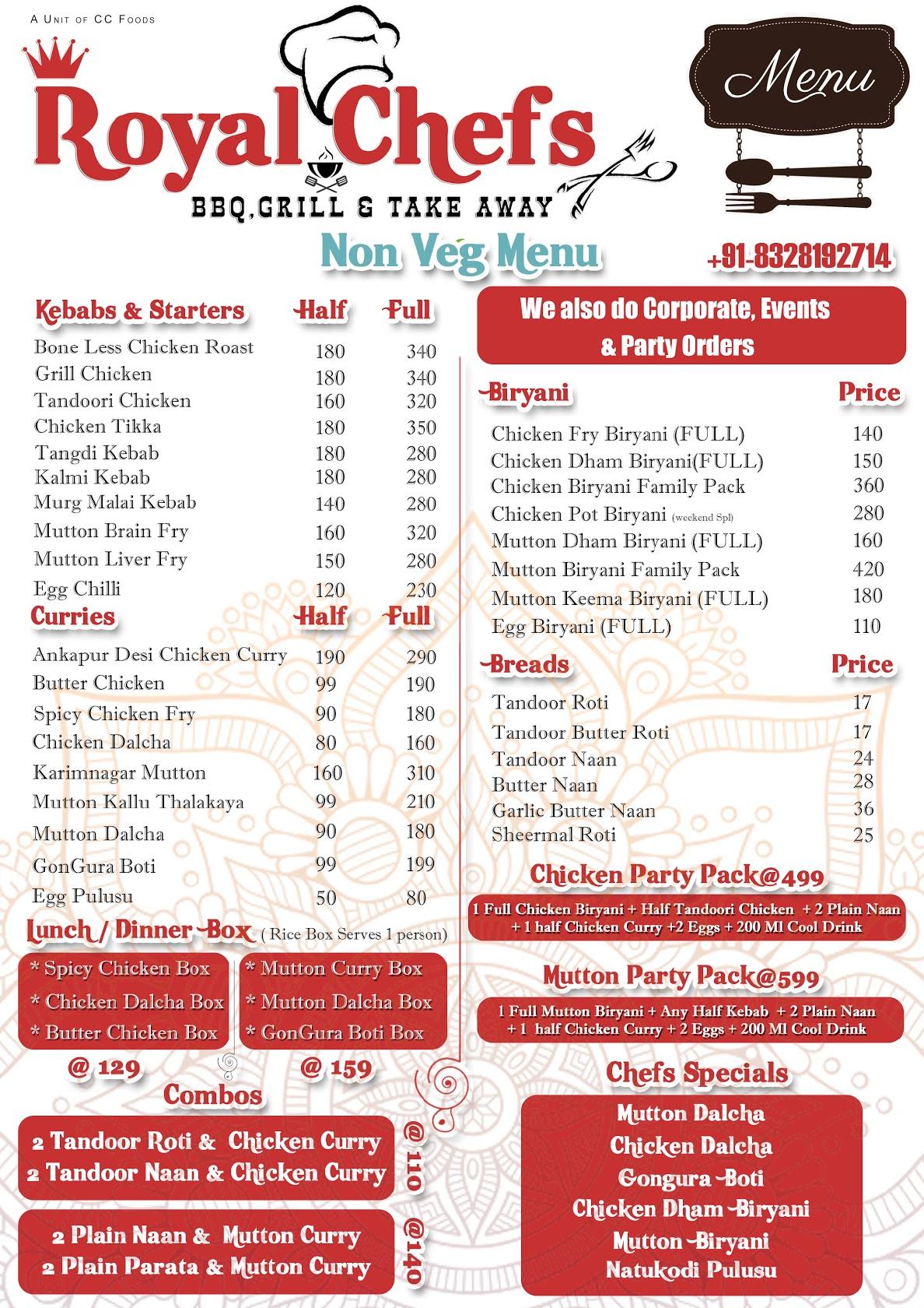 Menu at Royal Chefs, Hyderabad