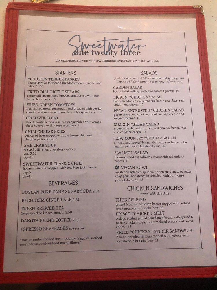 Menu at Sweetwater One Twenty Three restaurant, Summerville
