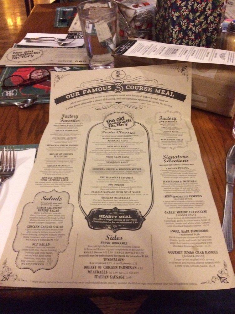 Menu at The Old Spaghetti Factory restaurant, Rancho Cordova, Folsom Blvd