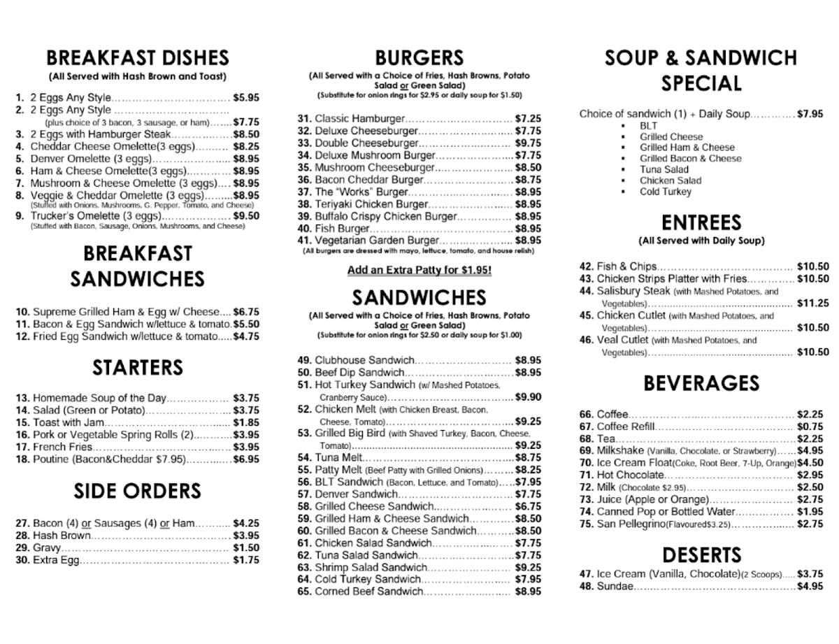 Menu at Truck Stop Cafe, Vancouver