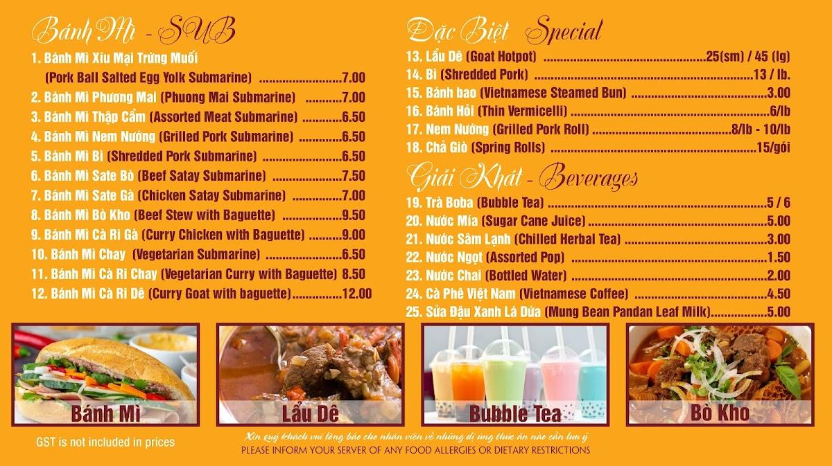 Menu at Bánh Mì Phương Mai - Mai's Submarine & Deli, Calgary