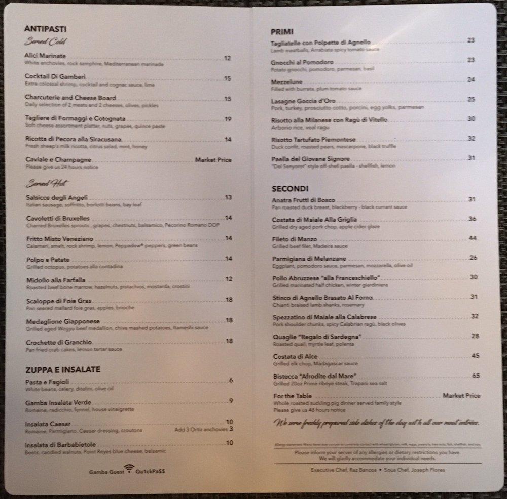 Menu at Gamba Ristorante steakhouse, Merrillville