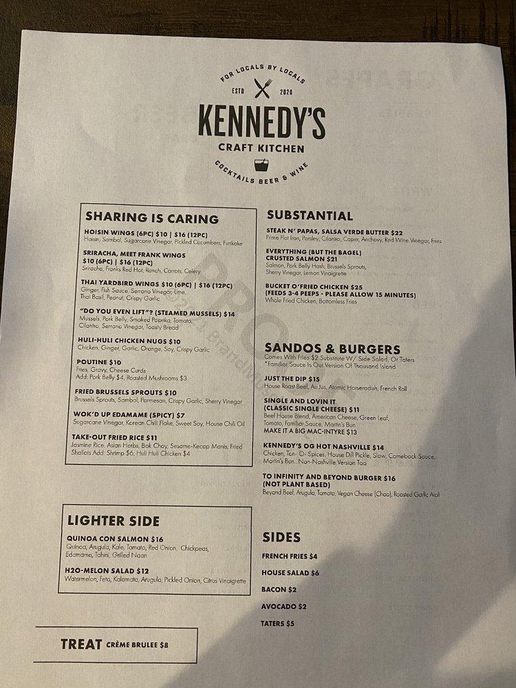 Menu at Kennedy's Craft Kitchen & Cocktails pub & bar, Long Beach
