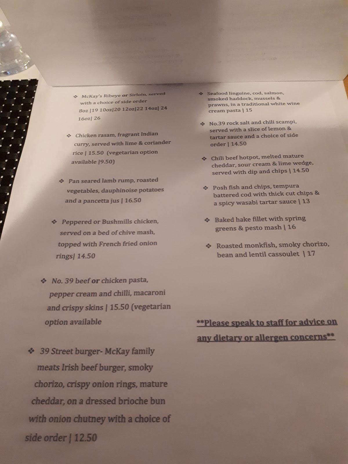 Menu at Thirty Nine Steak And Seafood Restaurant, Ballycastle