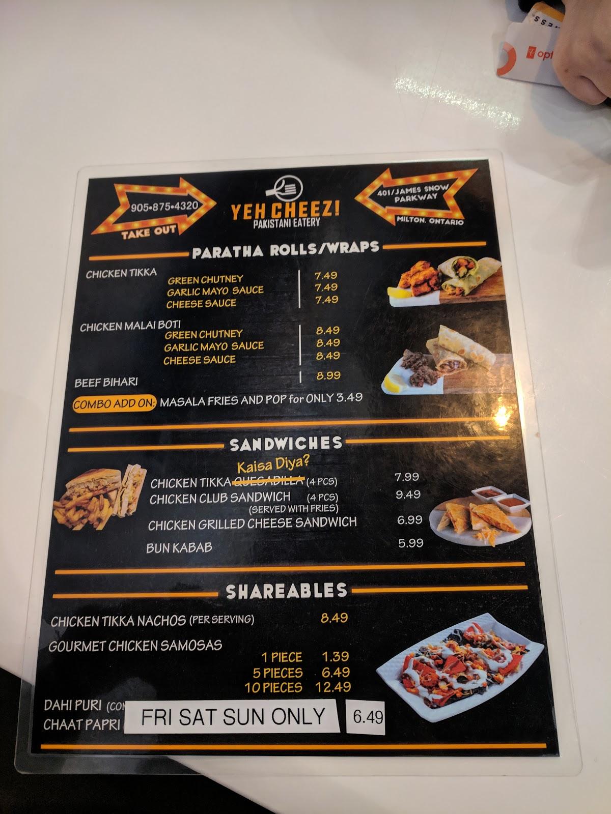 Menu at Yeh Cheez! restaurant, Milton