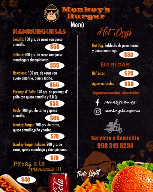 Menu at monkeys burger restaurant, Cancún