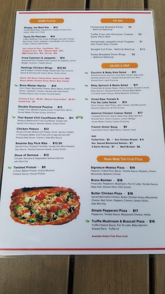 Menu at Admiral Pub, Burnaby