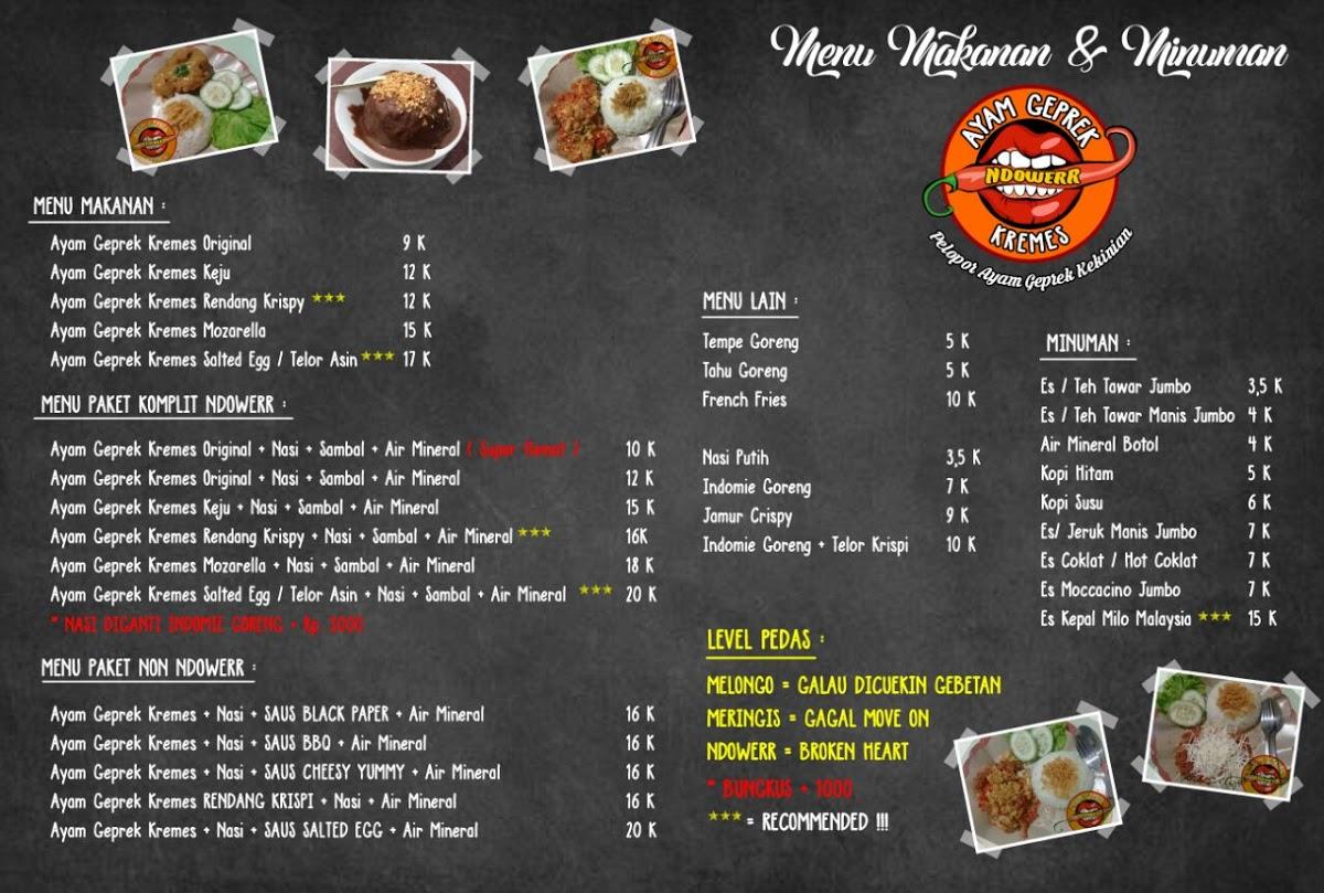 Menu at Ayam Geprek Kremes Ndowerr restaurant, Kediri