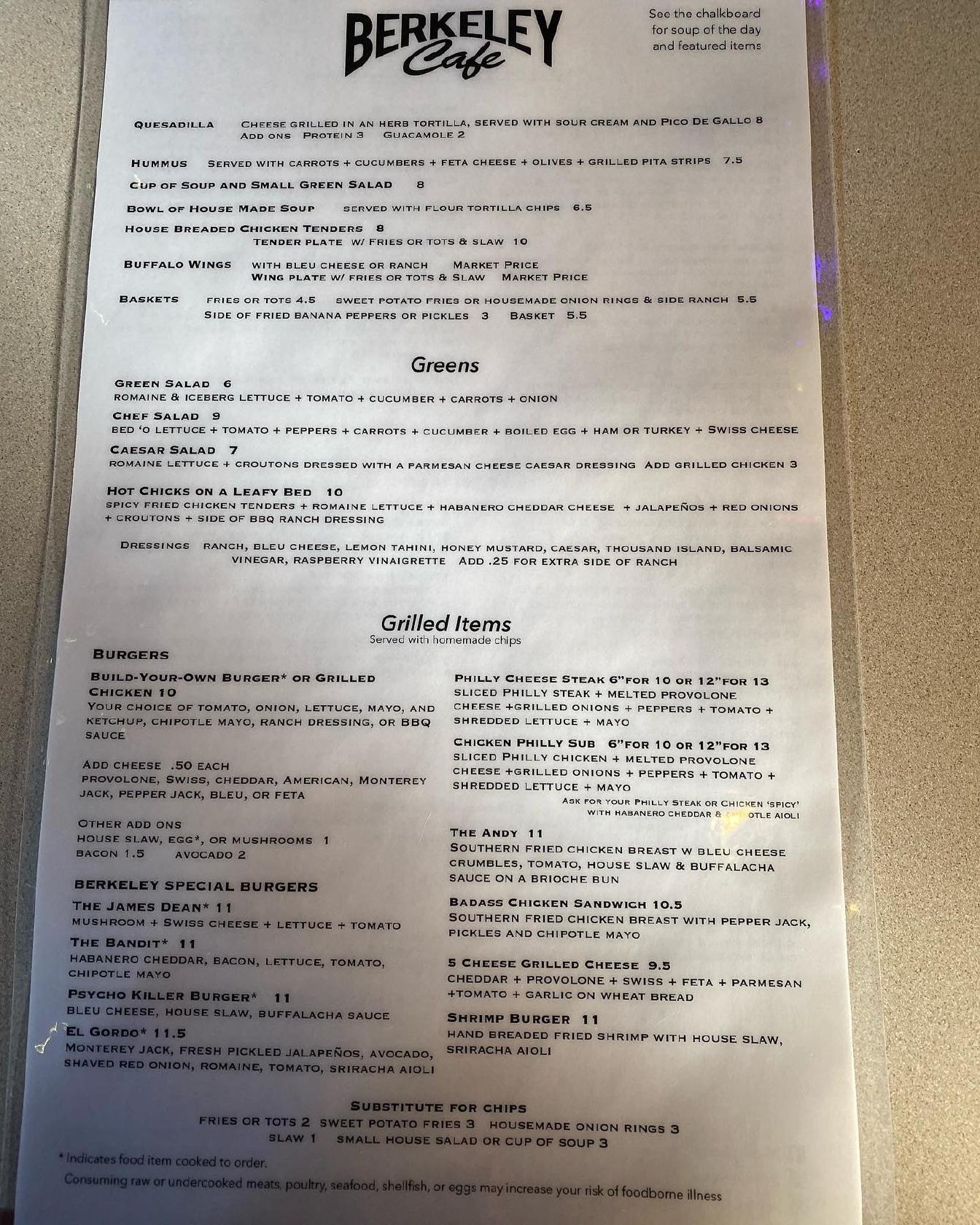 Menu at Berkeley Cafe, Raleigh