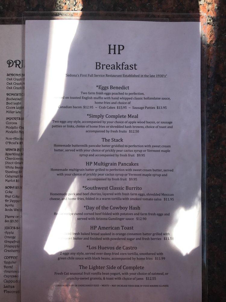 Menu at HP Café restaurant, Sedona