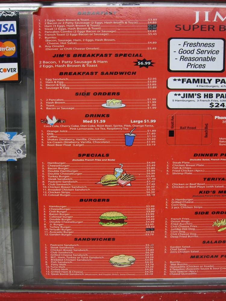 Menu at Jims Super Burgers fast food, Anaheim