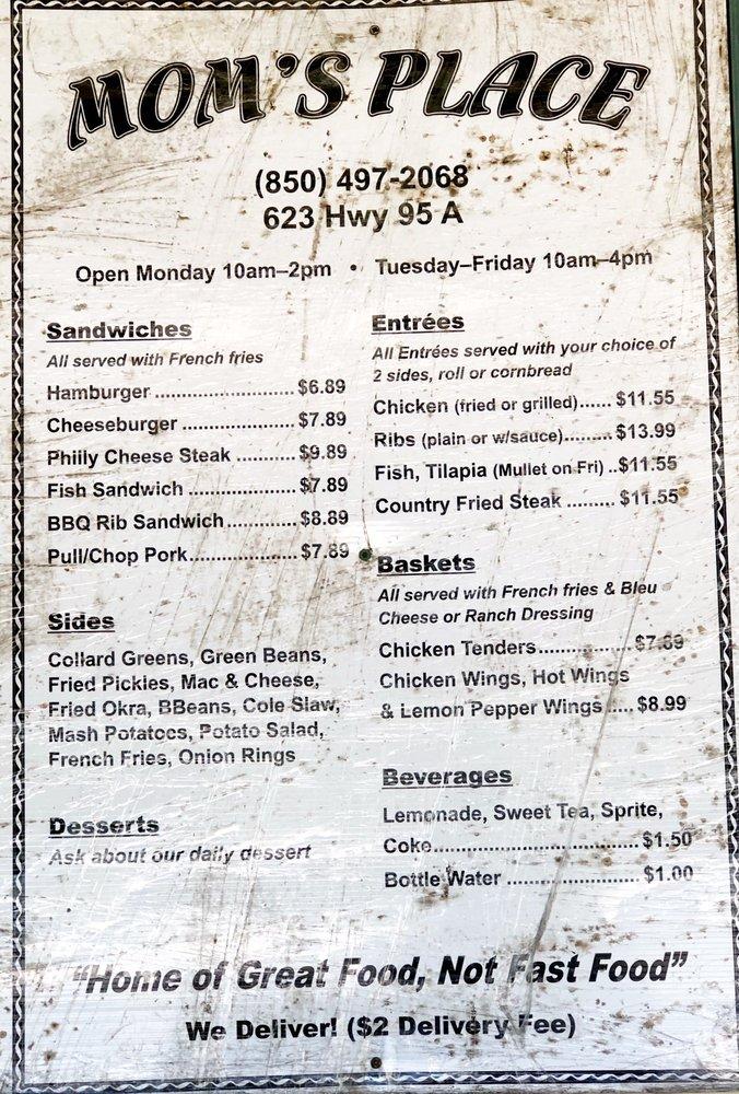 Menu at Moms Place restaurant, Cantonment, 623 Hwy 95A N