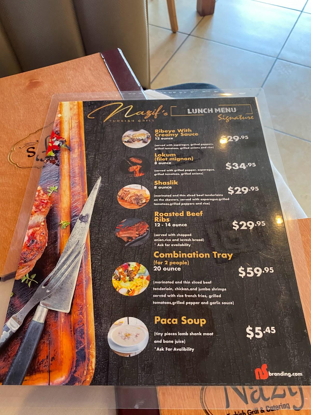 Menu at Nazif’s restaurant, Houston