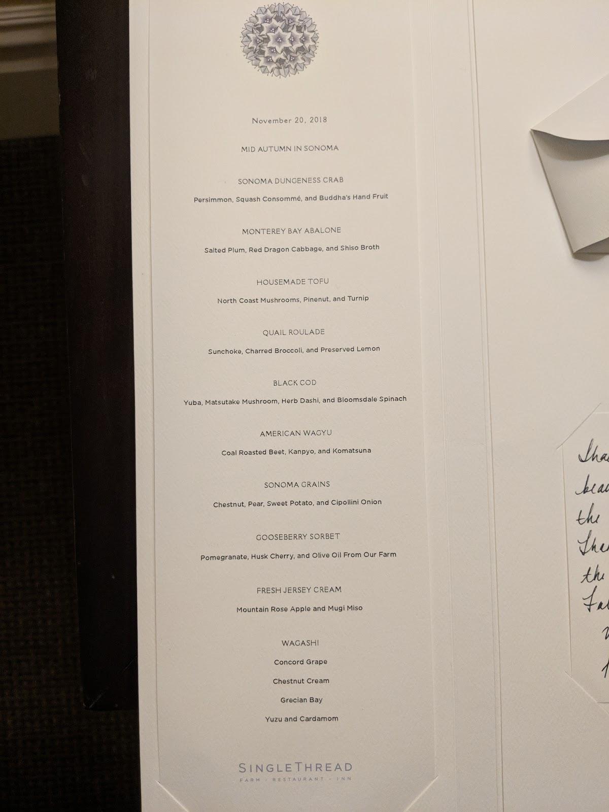 Menu at SingleThread Farm - Restaurant - Inn, Healdsburg