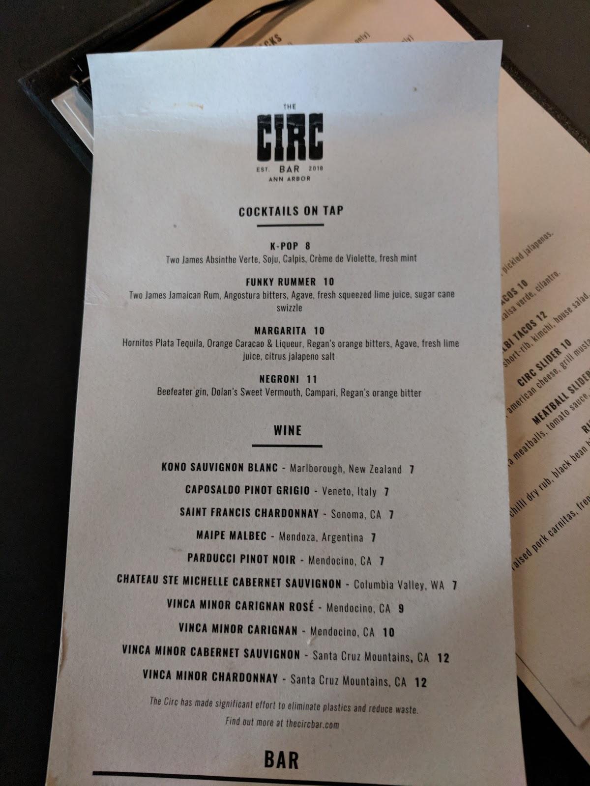 Menu at The Circ Bar, Ann Arbor