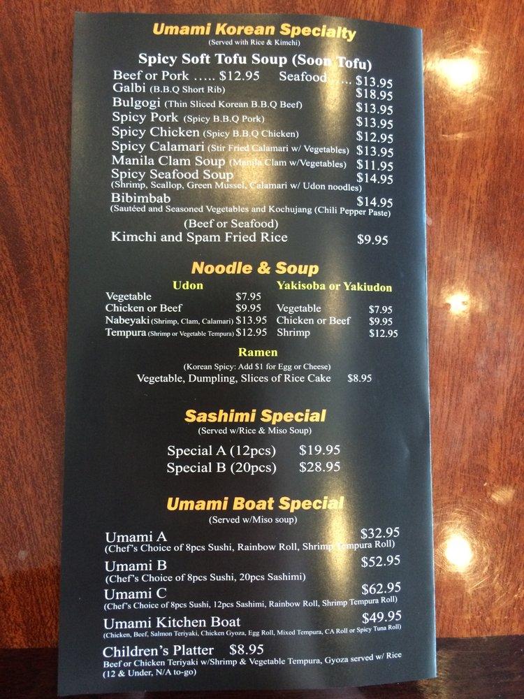 Menu at Umami ya Sushi restaurant, Lompoc