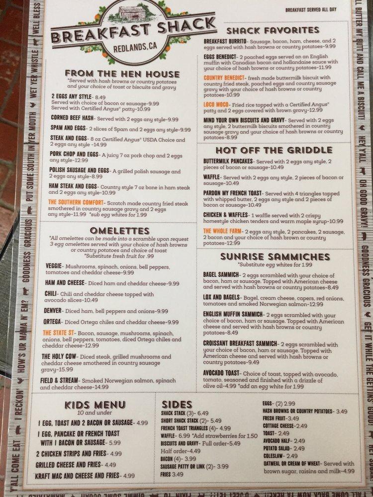 Menu at Breakfast Shack restaurant, Redlands