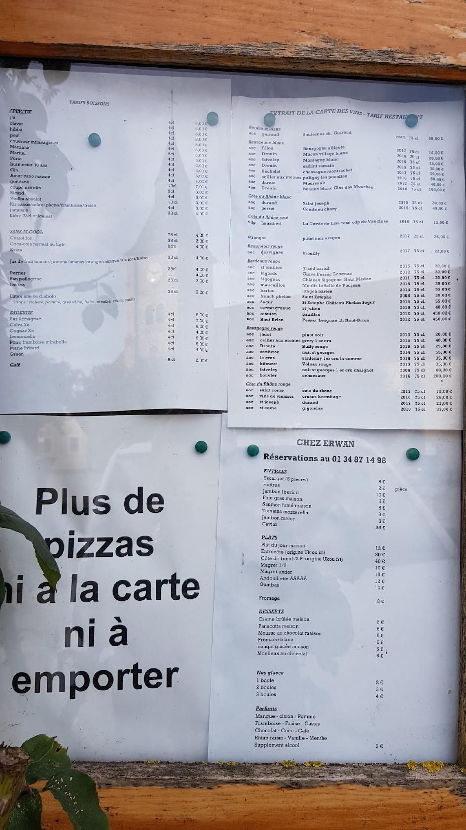 Menu au Chez Erwan pub et bar, Bourdonné