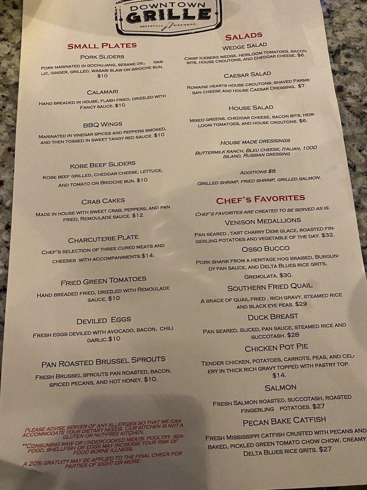 Menu at Downtown Grille pub & bar, Greenville