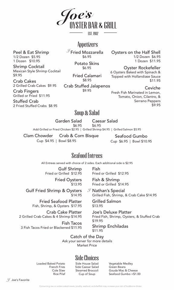 Menu at Joe's Oyster Bar & Grill, Rosenberg