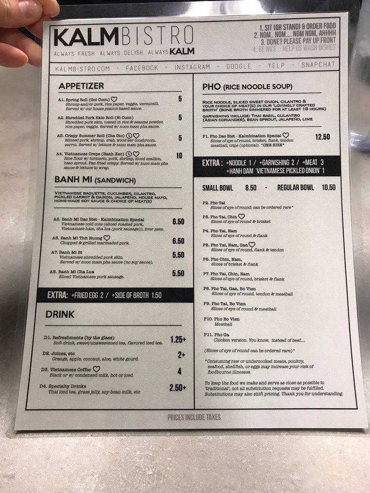 Menu at KALM Bistro restaurant, Gray