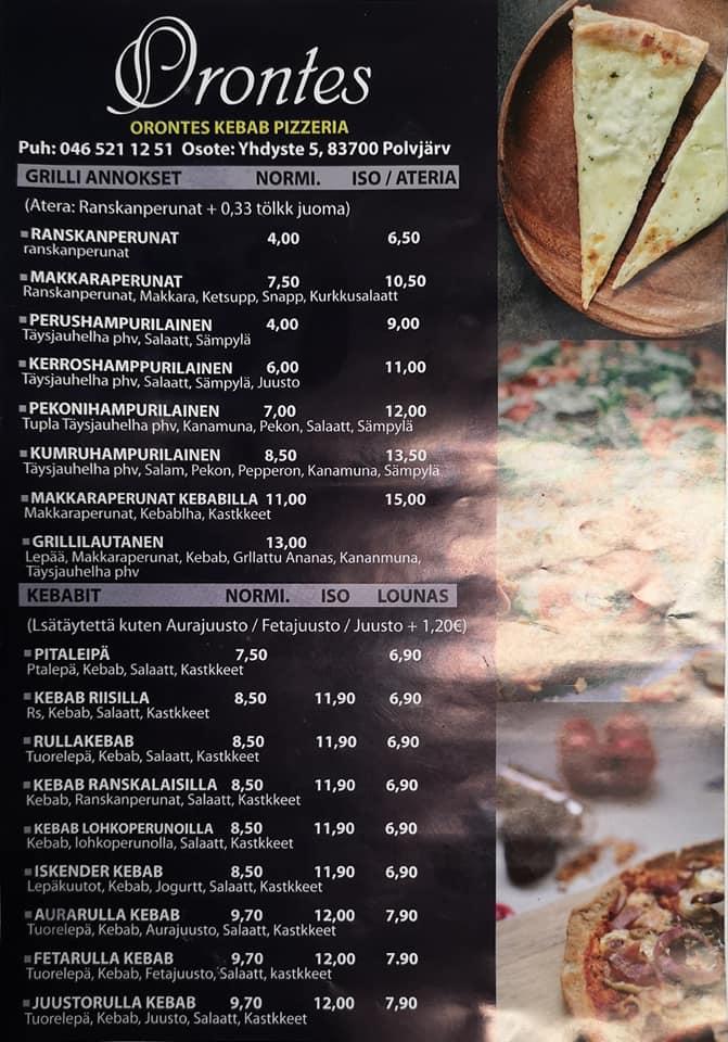 Menu at Orontes restaurant, Finland