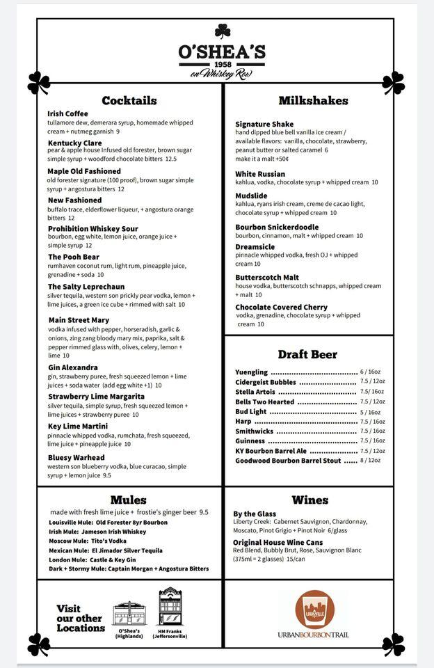 Menu at Patrick O'Shea's pub & bar, Louisville