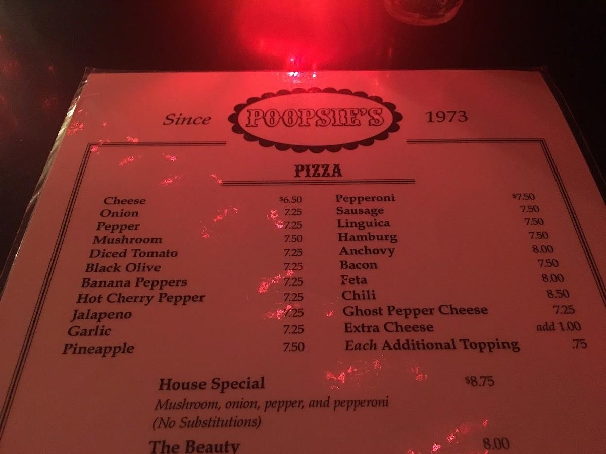 Menu at Poopsie's pub & bar, Pembroke