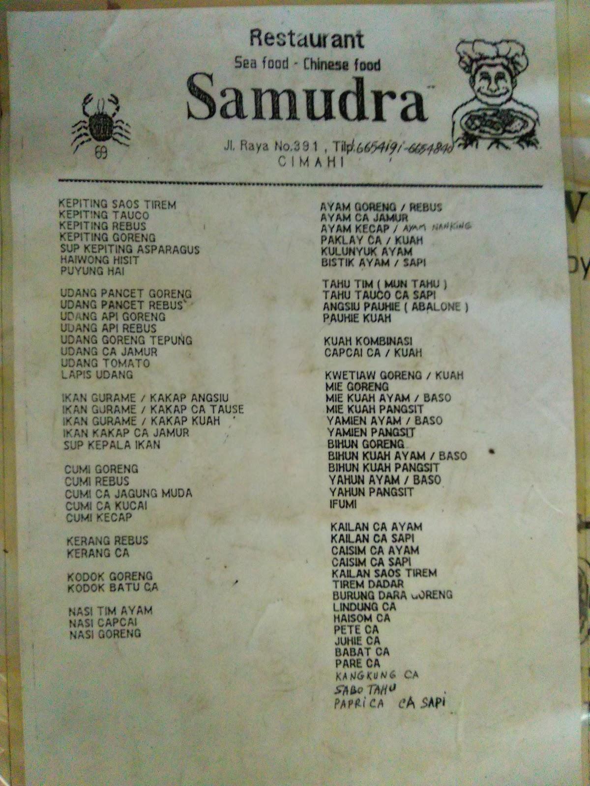 Menu at Samudra Chinese Food restaurant, Bandung
