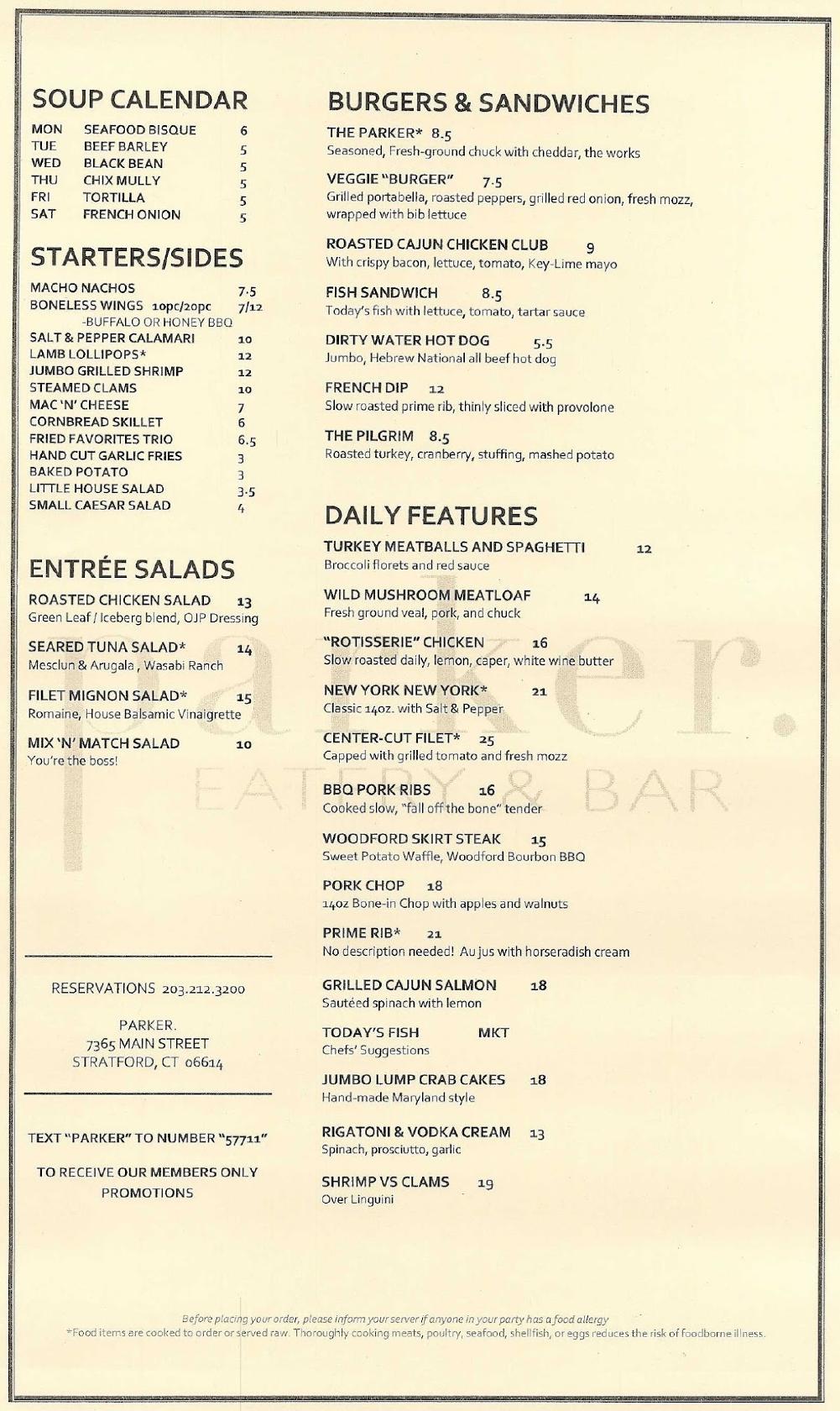 Menu at parker. Eatery & Bar, Shelton, 762 River Rd