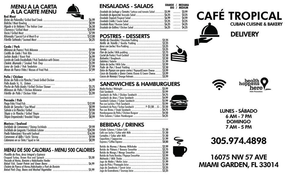Menu at Cafe Tropical, Miami Lakes