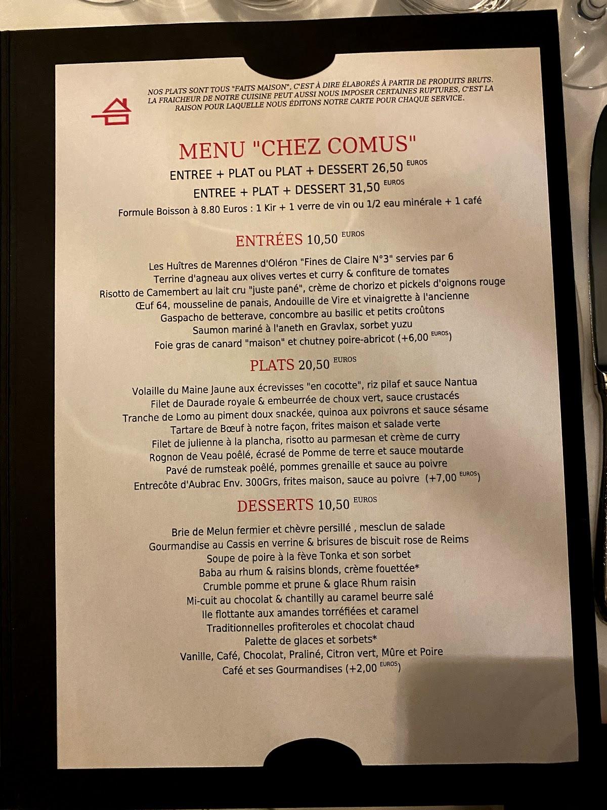 Menu at Chez Comus restaurant, Vincennes