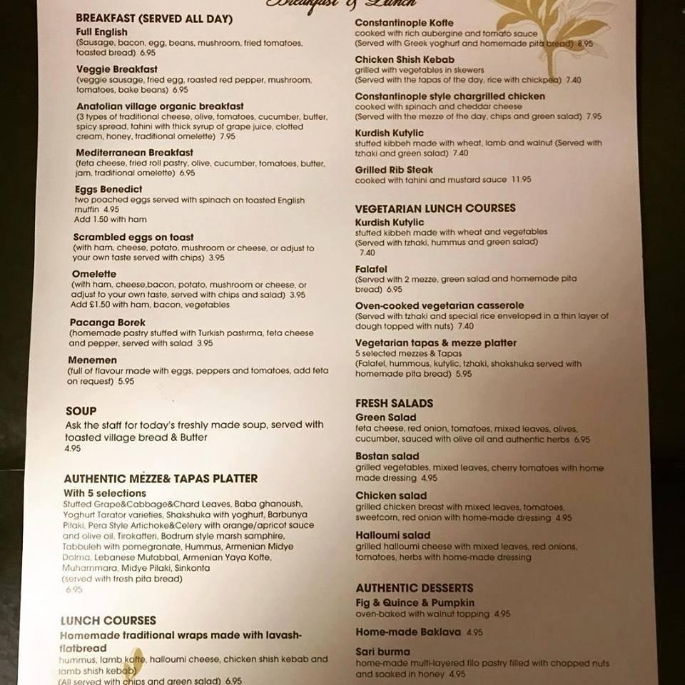 Carta de Constantinople Restaurant, Brighton