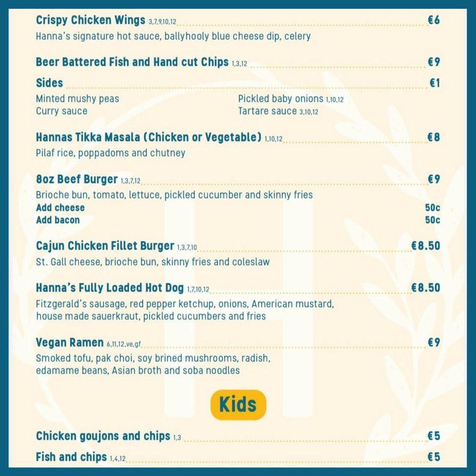 Menu at Hanna's Market & Café cafe, Fermoy