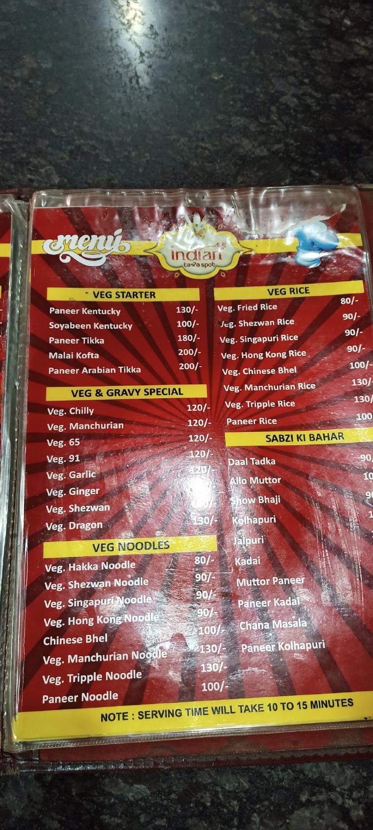 Menu at Indian Tawa Spot, Aurangabad